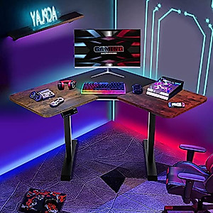 COSTWAY L Shaped Electric Adjustable Desk, L-Shaped Standing Computer Desk w/Splice Tabletop, 2 Hooks & Rolling Casters, Sit-Stand Corner Desk w/ 4 Memory Positions for Home Office (Rustic Brown)