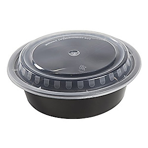 AmerCare 7 Inch Round Black Plastic Containers with Lids, 32 Ounces for Microwave or Freezer, Pack of 150