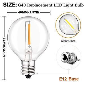 Spacelumen 2200K G40 LED Light Bulbs Replacement, 1W E12/C7 Screw Base Socket Glass Globe Warm White Light Bulbs for Indoor Outdoor String Lights 25 Pack