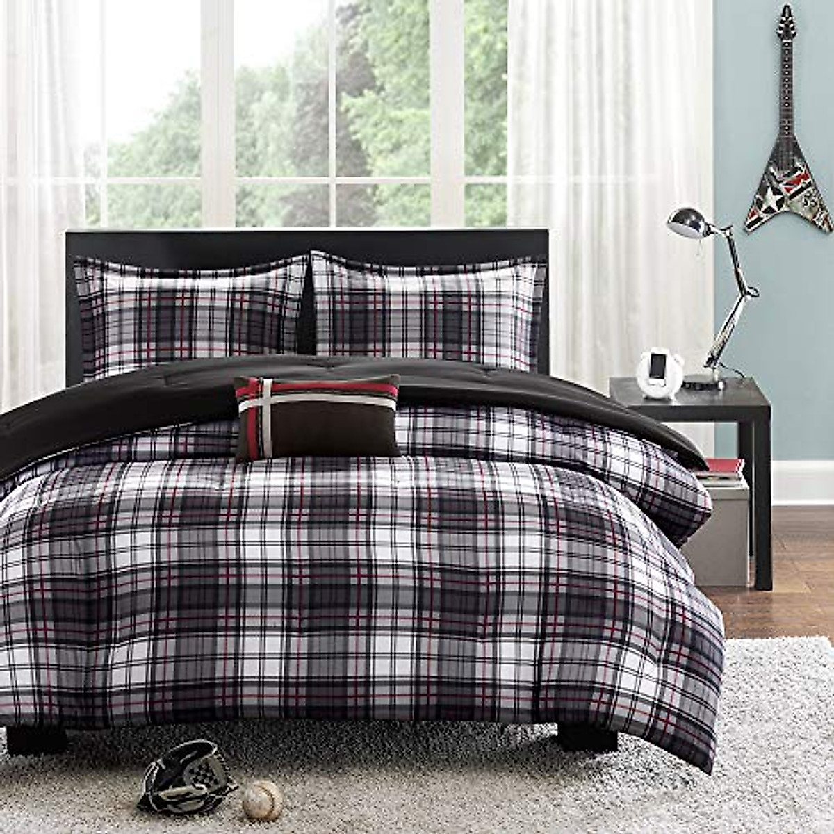 MI ZONE Harley Comforter Set in Plaid Cabin Bedding Design All Season, Hypoallergenic, Cozy Cover with Matching Sham, Full/Queen, Black 4 Piece