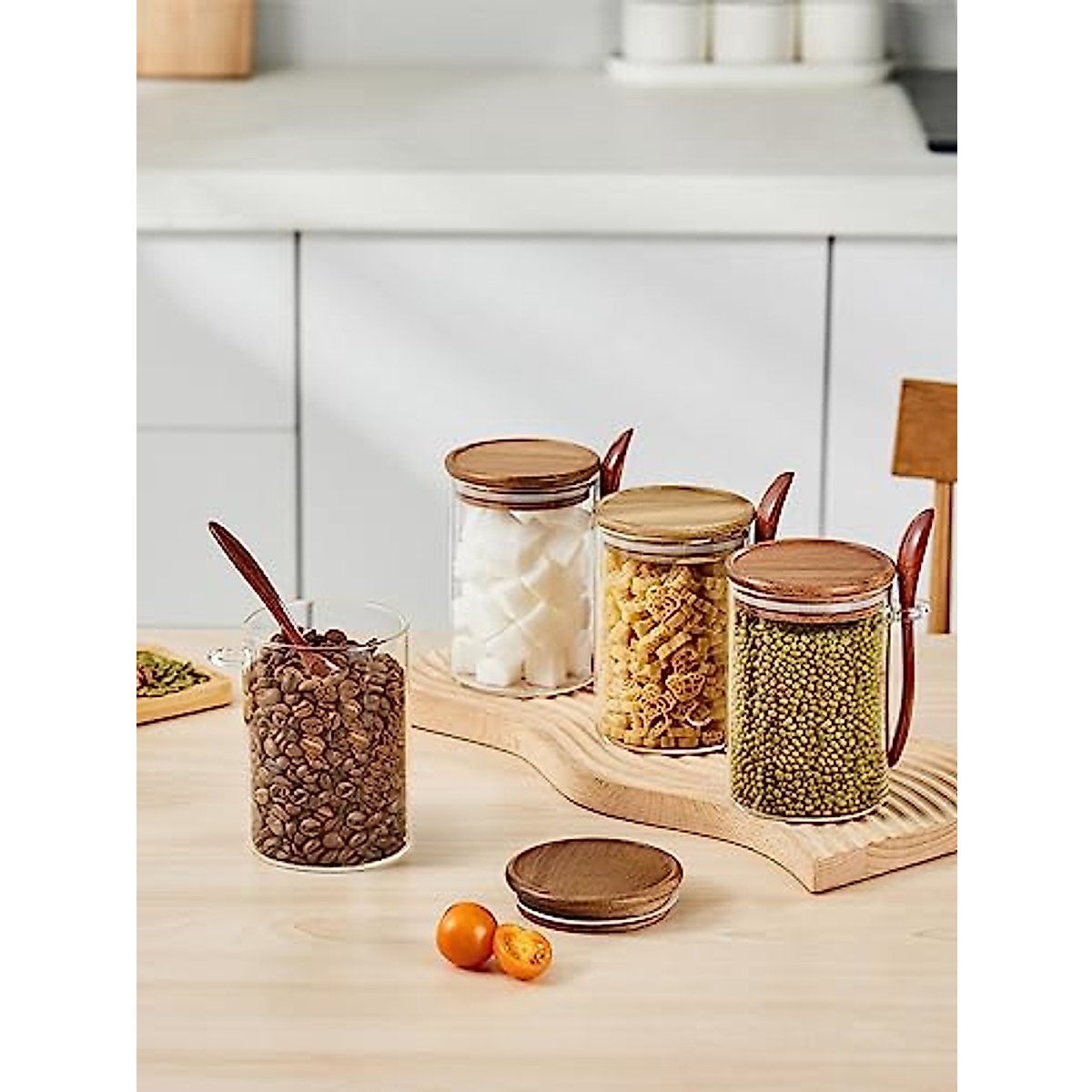 Sweejar Glass Jars with Bamboo Lids and Spoons, Overnight Oats Containers with Lids, Coffee Tea Sugar Yogurt Container Set, 17 ounces, Set of 4(Handle Lid)