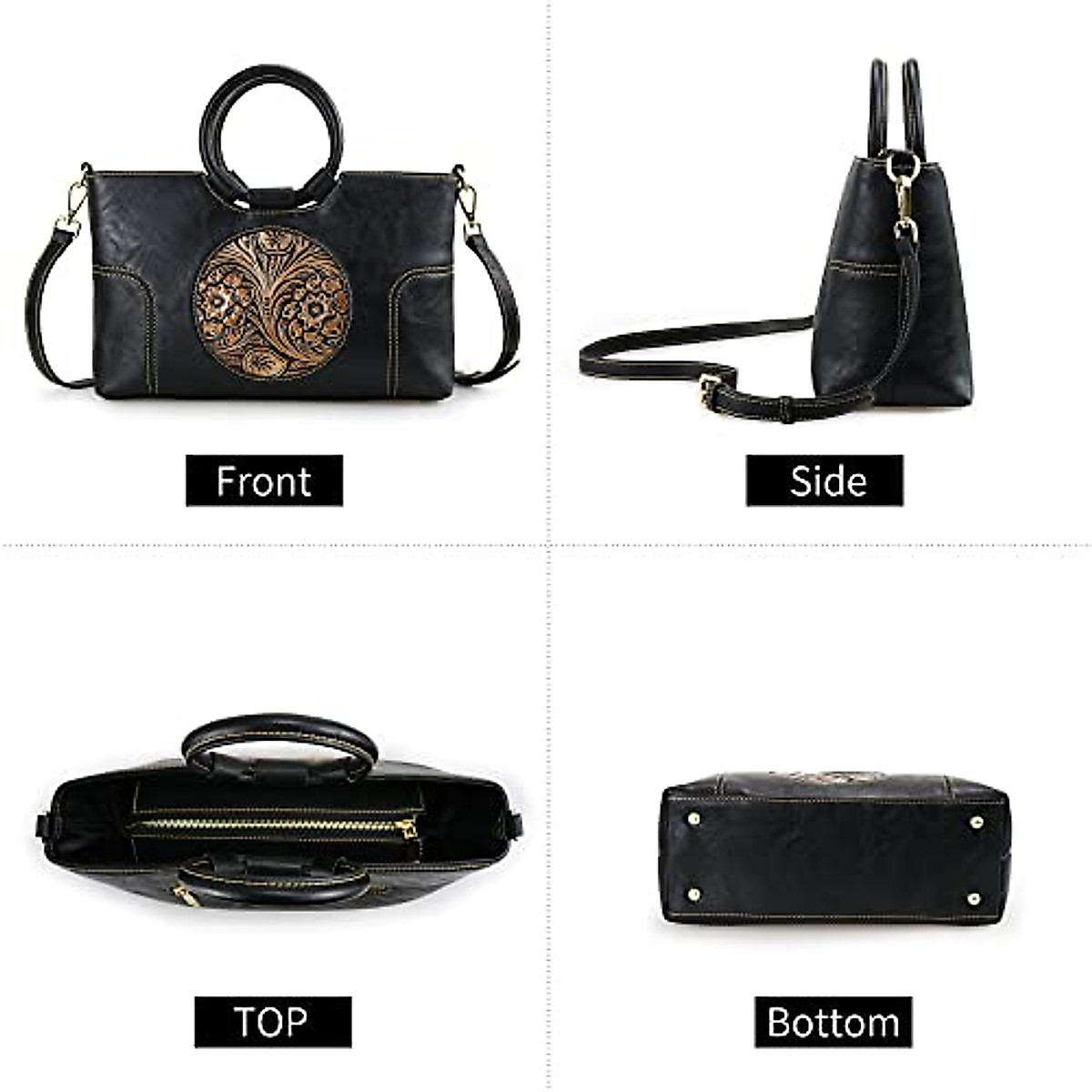 Purse And Handbags for Women Shoulder Bags Top Handle Medium Satchel Vintage Embossing Crossbody Bag (black)