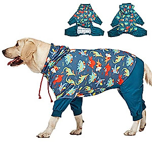 LovinPet Onesies for Pitbulls: Wound Care, Anxiety Lightweight Onesie, Large Dog Pajamas, Pjs for Dogs, Reflective Stripe, Super Dinos Navy Print, Surgical Recovery Clothes/Large