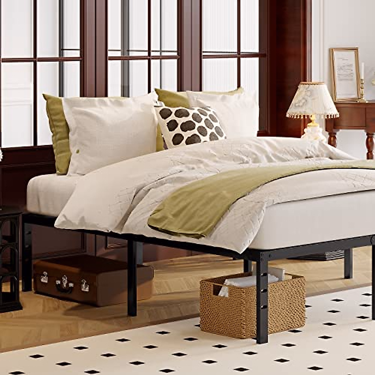 zunatu 18 Inch Full Metal Bed Frame Foundation No Box Spring Needed Heavy Duty Tall Platform with Large Storage Easy Assembly Mattress Noise Free, Black