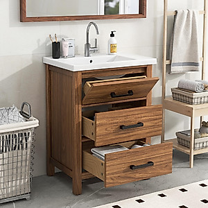 Beardslee 24" Bathroom Vanity with Sink, Modern Bathroom Storage Cabinet with 3 Drawers, Brown Natural Wood Bath Vanity w/Ceramic Sink for Small Space (Natural Wood)