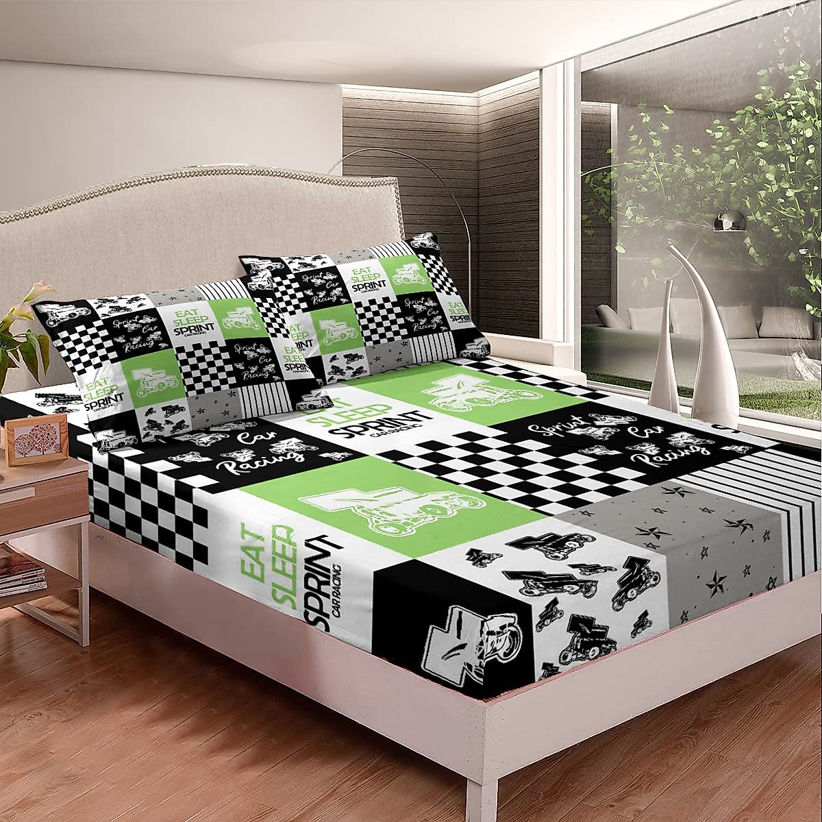 Eat Sleep Sprint Fitted Sheet Twin Size Race Car Green White Bedding Set Set for Kids Teens Adults Speed Sports Car Bed Sheet Set Extreme Sports Bed Cover Room Decor 2Pcs with 1 Pillow Case