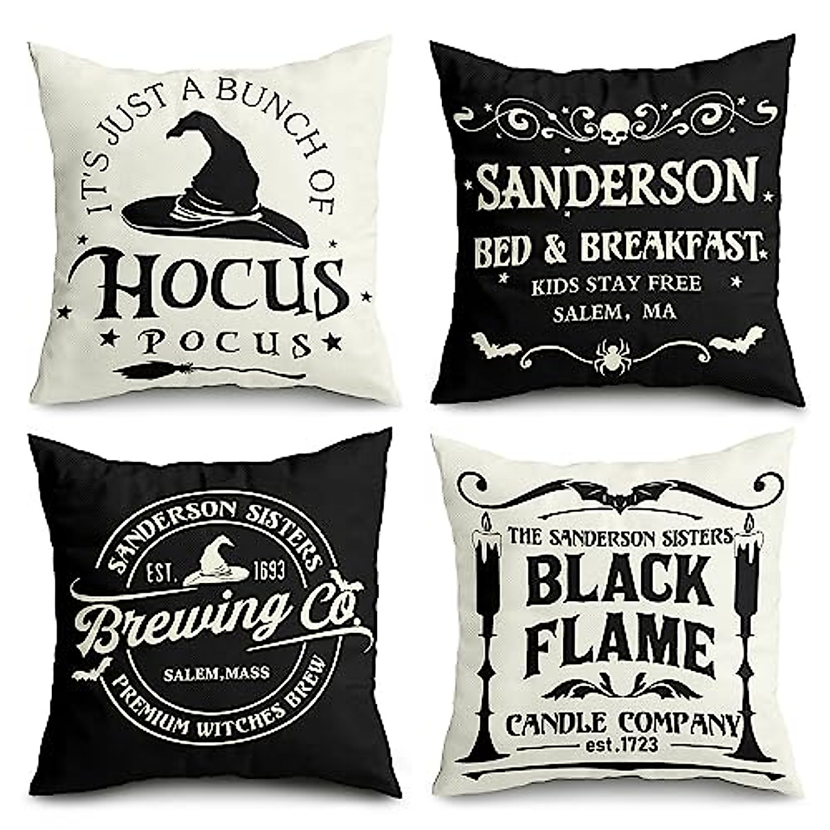 Halloween Decorations Pillow Covers 18x18 Set of 4 Halloween Decor Hocus Pocus Farmhouse Saying White Black Outdoor/Indoor Fall Pillow Covers Decorative Cushion Cases for Home Sofa Couch Bed Chair