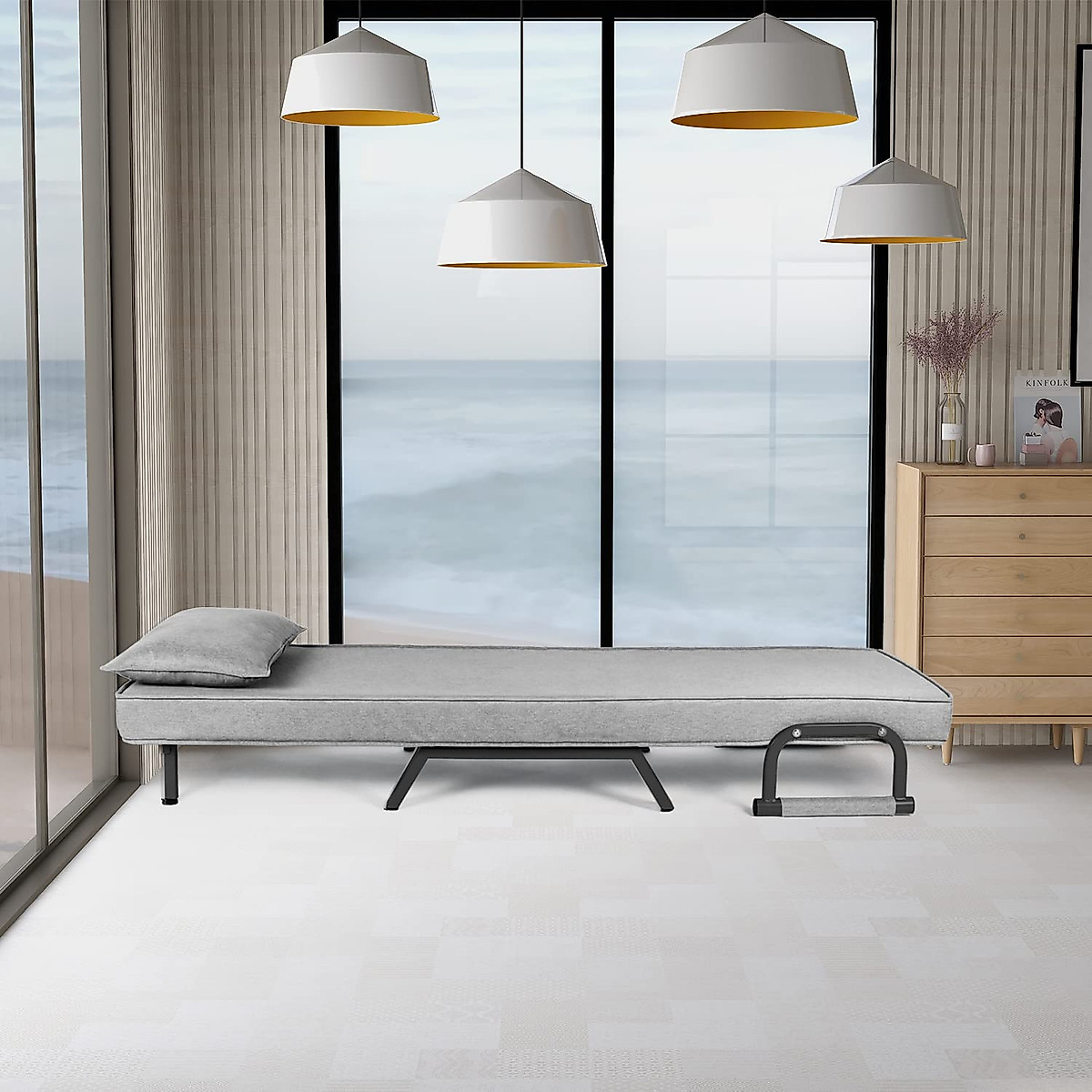 Kazila Convertible Sofa Bed Sleeper Chair, 5 Position Adjustable Backrest, Folding Arm Chair Sleeper Single Chaise Lounger Couch Recliner with Pillow for Home Office (Grey)