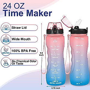 AIDEAMART 24 OZ Motivational Kids Water Bottle With Time Marker,Straw Lid,Leak Proof, Tritan BPA Free Sports Water Bottle Pink-Blue(1 Lid)