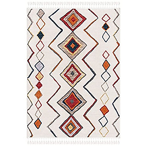 SAFAVIEH Farmhouse Collection 4'5" x 6'5" Ivory/Gold FMH599A Moroccan Boho Tassel Area Rug