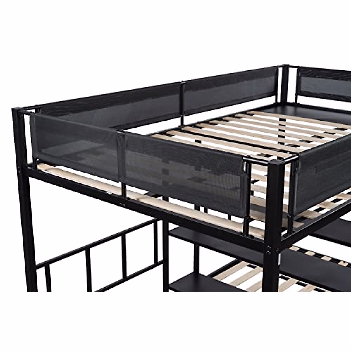 Goohome Full Over Twin and Twin Size Triple Bunk Bed with 4 Shelves, Heavy-Duty Steel Triple Bunk Beds Frame W/Safety Guardrail, Built-in Wood Slat and Ladder, for Kids, Teens, Adults