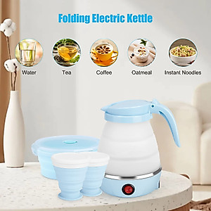 Travel Foldable Electric Kettle, Collapsible Portable Kettle for Fast Water Boiling Tea Coffee, with 1 Collapsible Bowl and 2 Collapsible Cups, Food Grade Silicon, 600ML 110V