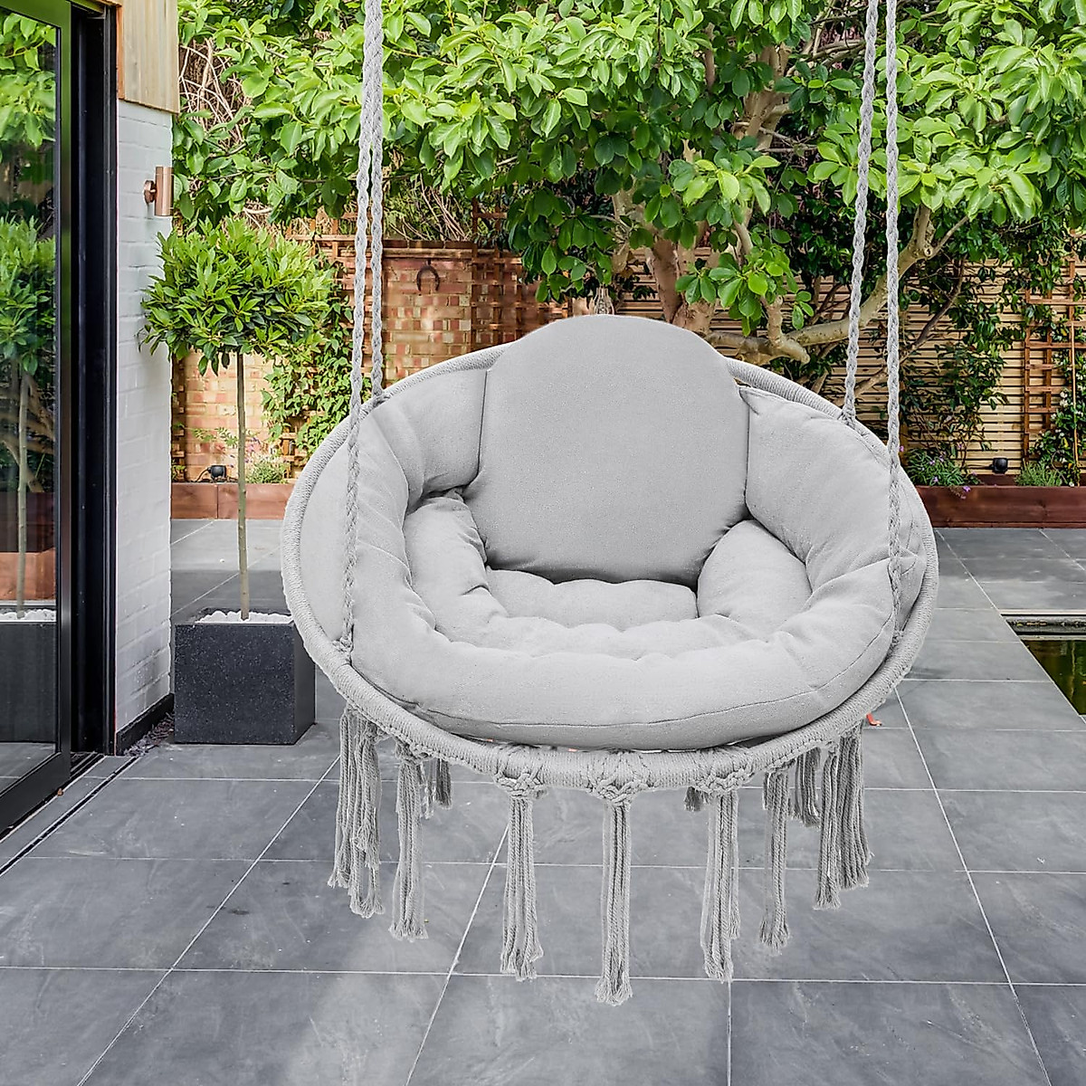 Monibloom Hanging Hammock Chair with Full Cushion, Adults Indoor Hammock Swing with Max 350 Lbs Capacity, Outdoor Macrame Hanging Chair with Boho Tassels, Home Accent Furniture Chair Swing, Grey