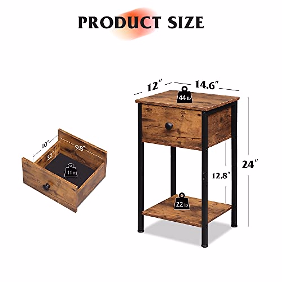 WLIVE Nightstands Set of 2, Bedside Tables with Adjustable Wooden Drawer, 2-Tier Night Stands for Couch, Bed, Sofa, End Table Side Table for Bedroom, Living Room, Rustic Brown