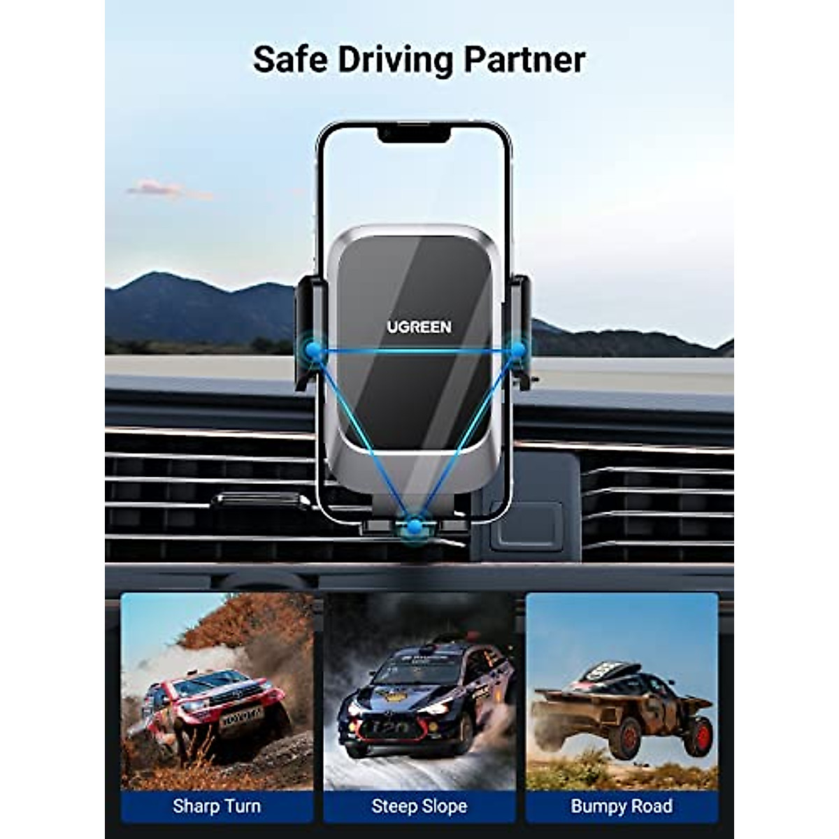 UGREEN Car Phone Holder Mount for Dashboard Windshield Air Vent 3 in 1 Universal Cell Phone Holder for Car Accessories Cradle Compatible with iPhone 14 13 12 11 Pro Max Smartphone, Strong Suction Cup