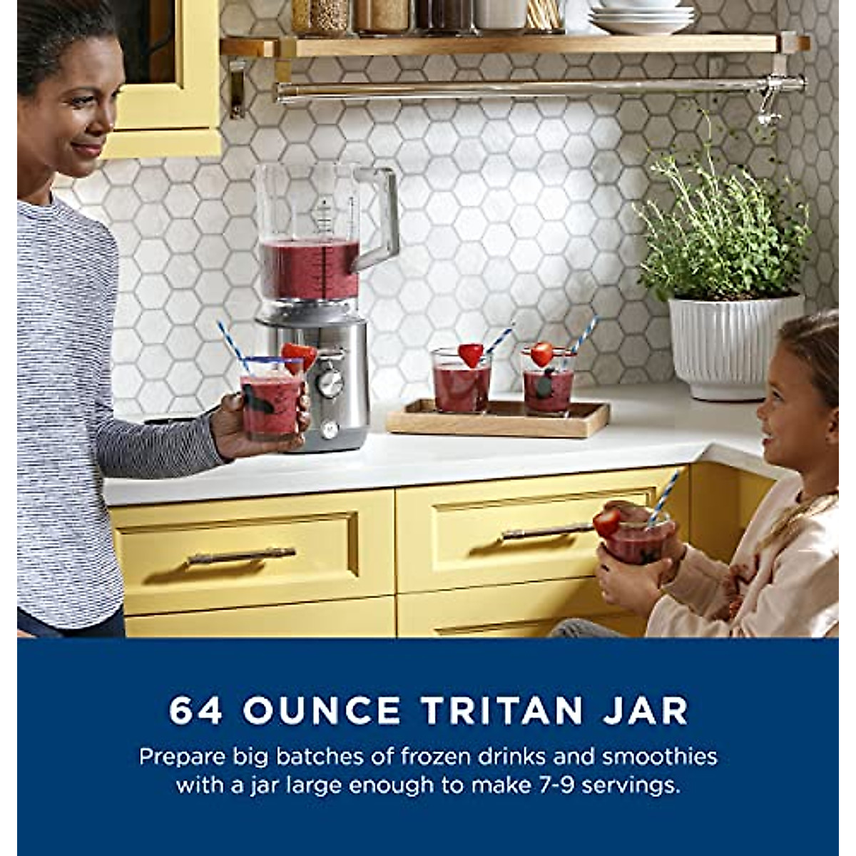 GE 5-Speed Blender + (2) 16 Ounce Blender Cups | Kitchen Essentials Blender for Shakes, Smoothies & More | Large 64 oz Tritan Jar, 8-10 Servings | Stainless Steel Blades & Exterior Finish | 1000 Watts