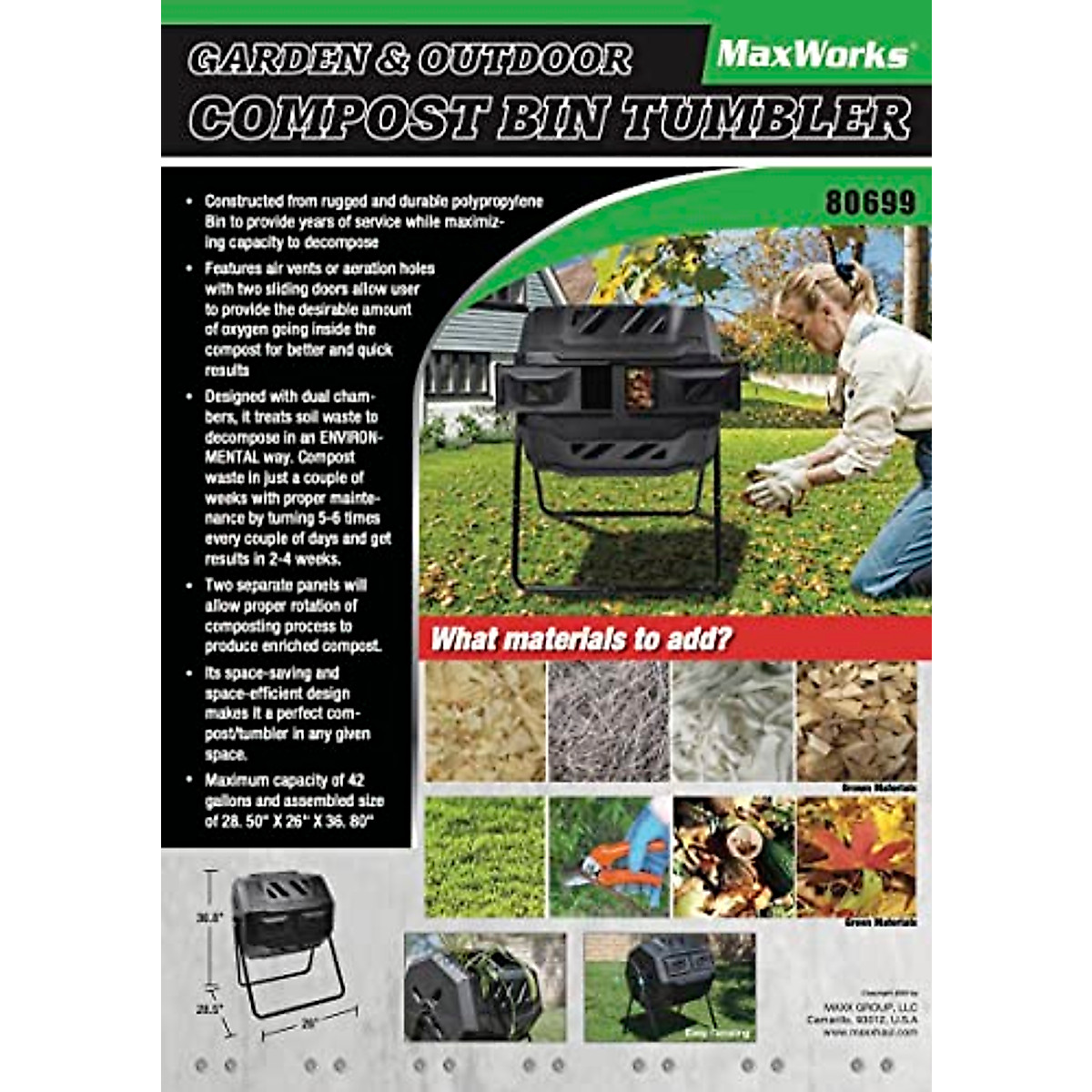 MaxWorks 80699 Compost Bin Tumbler for Garden and Outdoor, 42 Gallon Capacity, Black & Green Pig Compost Accelerator Converts Yard Waste to Fertile Humus in 30 Days and Helps Control Odors Associated
