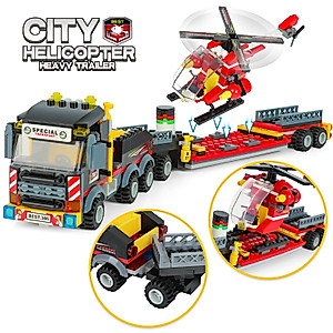 WishaLife City Fire Station Toy Building Set, with Fire Rescue Transport Truck Toy, Helicopter, Pretend Play Toy Gift Idea for Kids Boys Girls Age 6+