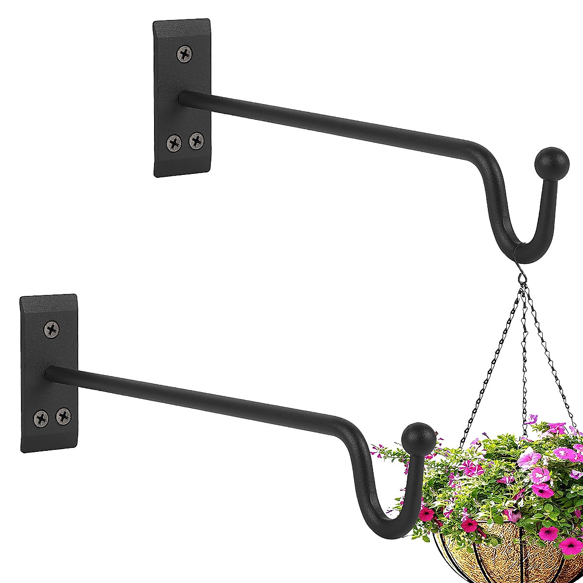 Hanging Plant Bracket (2 Pack-12 inches), Heavy Duty Metal Plant Hangers Outdoor or Indoor- Wall Plant Hooks for Hanging Planter,Bird Feeders, Wind Chimes, Flower Pot,Basket,Lanterns-Matte Black