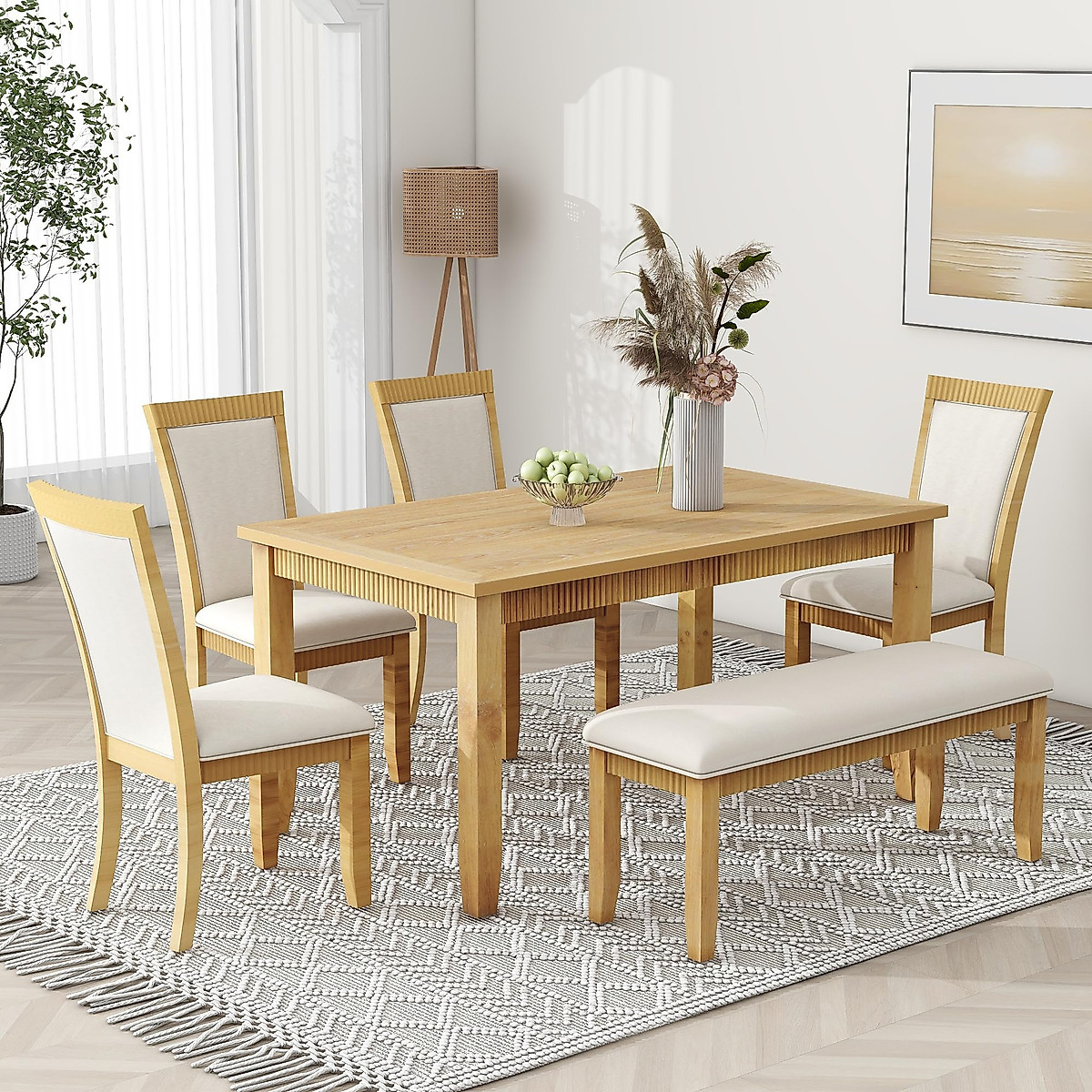 KLMM Rustic Solid Wood 6-Piece Dining Table Set with PU Leather Upholstered Chairs and Bench,for DiningRoom LivingRoom Kitchen Use (Natural Wood Wash@PU Leather)