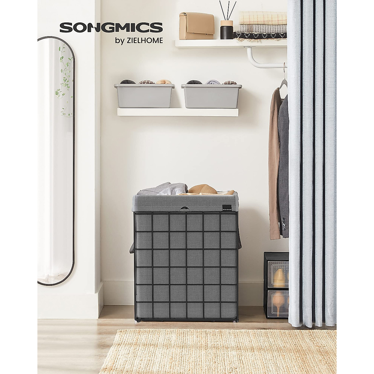 SONGMICS Laundry Hamper, 23.8 Gal. (90L) Laundry Basket, Collapsible Clothes Hamper, Removable and Washable Liner, Metal Wire Frame, for Bedroom Bathroom, Black and Gray ULCB190G01