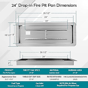 24" x 8" Drop-in Fire Pit Pan, Rectangular Stainless Steel Natural & Propane Gas Firepit Insert Kit with H-Burner, Spark Ignition and Propane Hose Kit for Indoor & Outdoor, Rated for up to 120,000 BTU