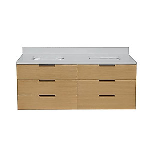 Kitchen Bath Collection Oslo 60-inch Floating Wall-Mounted Double Bathroom Vanity: Includes Blonde Wood Cabinet with Matte White Countertop and White Ceramic Sink