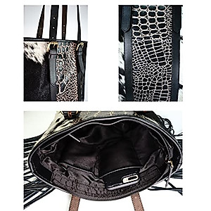 Bonanza leathers cowhide leather large tote bag women's handbag with fringes and zipper closure H20 (Black)