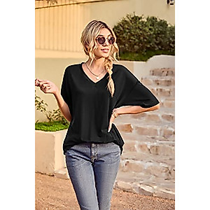 Iandroiy Womens Oversized Tees Loose T Shirts Half Sleeve V Neck Tops (Large, Black)