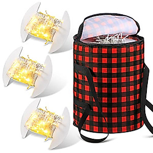 4 Pcs Light Storage Bag Buffalo Plaid Thickened Light Storage Bag with 3 Pcs Cardboard Wraps, Large Light Bulb Storage Bag with Zippered Closure for Holiday Festival (Red Buffalo Plaid)