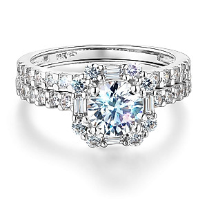 Wellingsale Ladies Solid 14k White Gold Polished CZ Cubic Zirconia Round Cut Halo Engagement Ring and Wedding Band Bridal Set - Size 6