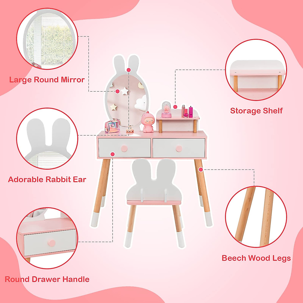 FIREFLOWERY Kids Vanity, Kids Vanity Table and Chair Set with Mirror & Storage Shelf, Princess Dressing Table, Toddler Makeup Vanity, Girls Vanity with 2 Large Drawers (White)
