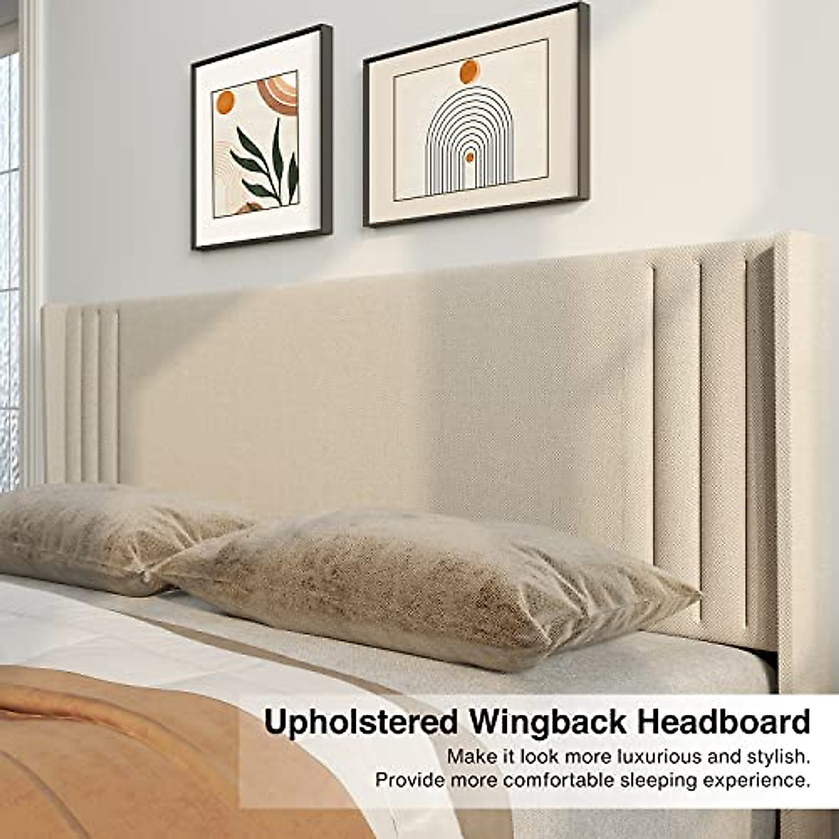 Gizoon Queen Bed Frame with Wingback Headboard, Upholstered Platform Bed with Modern Geometric Headboard, Wooden Slats, Noise-Free, No Box Spring Needed