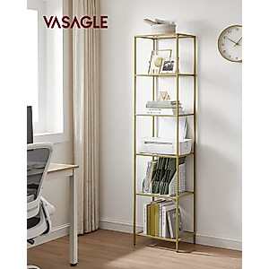 VASAGLE Bookcase, 6-Tier Bookshelf, Slim Shelving Unit for Bedroom, Bathroom, Home Office, Tempered Glass, Steel Frame, Gold Color ULGT500A01
