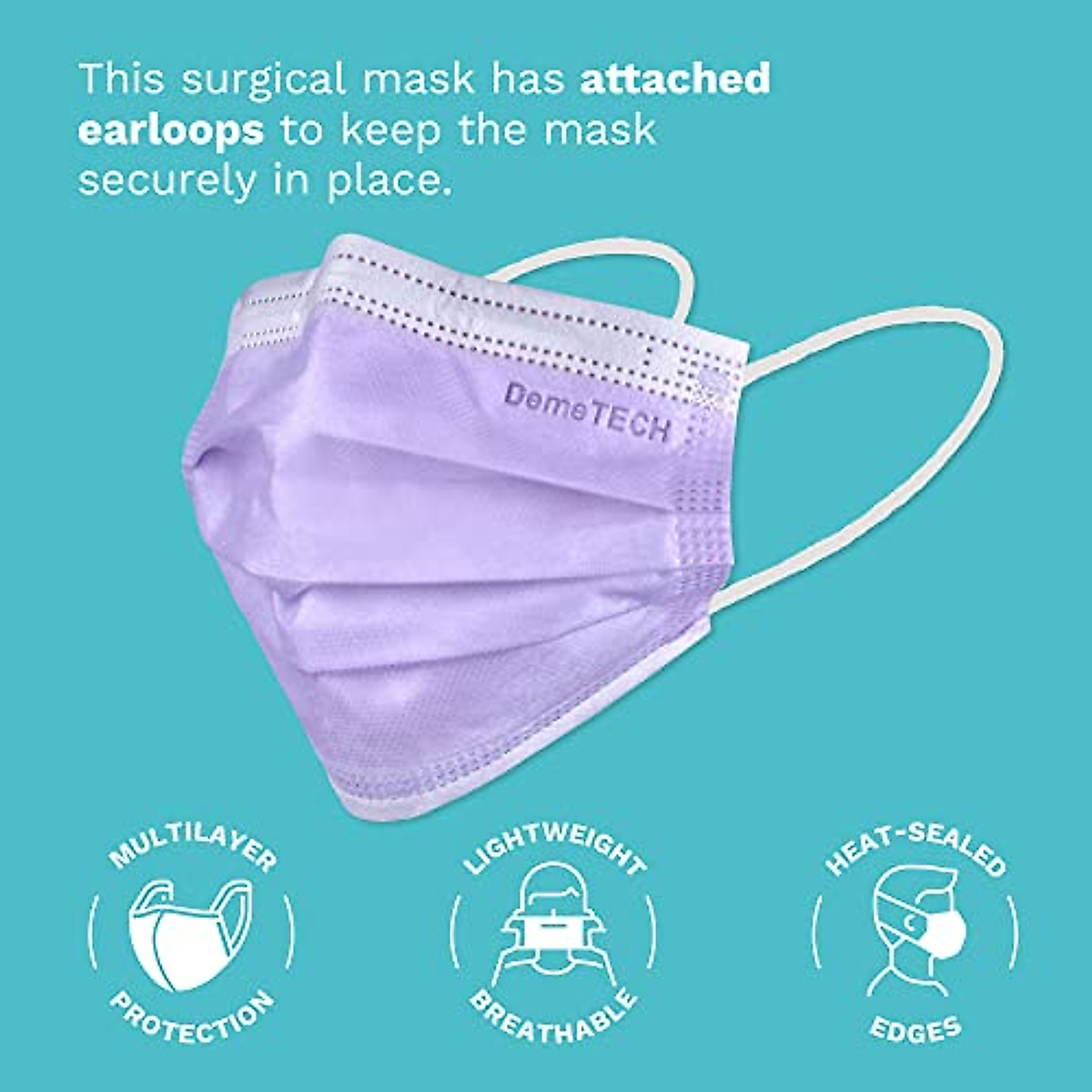 DEMETECH Protective 3-Layer Adult Disposable Face Mask with Ear Loops, Made in the USA, Purple, Box of 50
