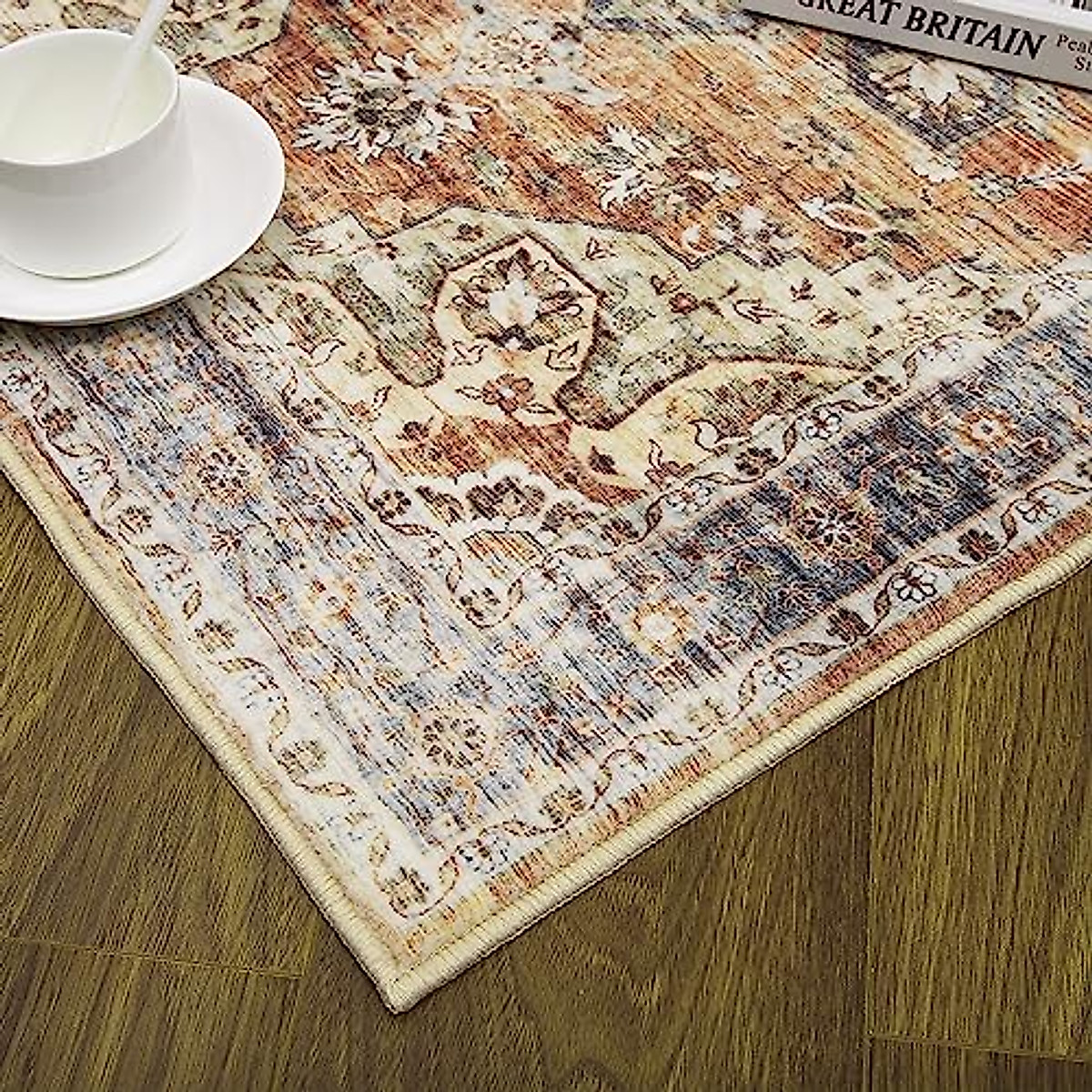 ROYHOME Area Rug 8x10 Machine Washable Rug Traditional Distressed Carpet Stain Resistant Non-Slip Floor Cover Carpet Rug Oriental Medallion Accent Rug for Living Room Bedroom Dining Room, Orange