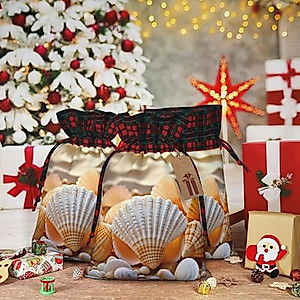 Christmas Gift Bags with Drawstring Burlap Gift Bags beautiful Shells Christmas Linen Bags for Xmas Party Candy Bags with Cards Xmas Reusable Wrapping Bags Christmas Linen Treat Bags for Holiday