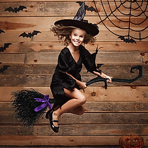 Witch Broom with Ribbon, Halloween Decoration Party Favor Photo Booth Accessories (Black, 130cm*25cm)