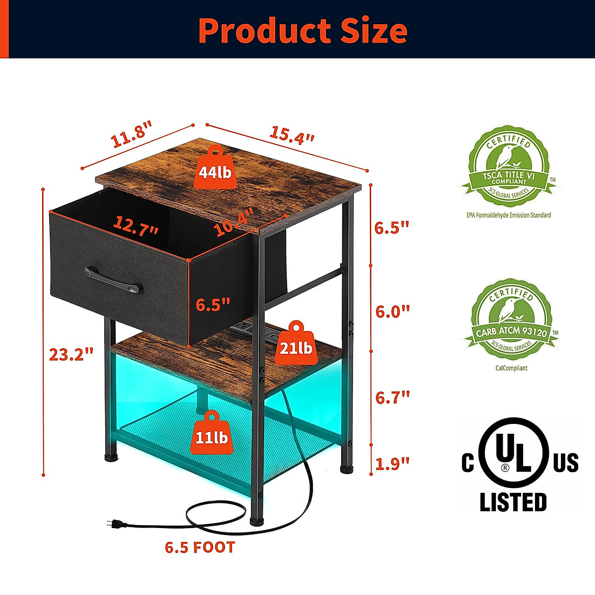 LAKEMID Nightstands Set of 2 with Charging Station and Drawer, End Table Side Table with 20 Colors LED Light Strip and 2 Layers Shelf for Bedroom Living Room Sofa (Rustic Brown)