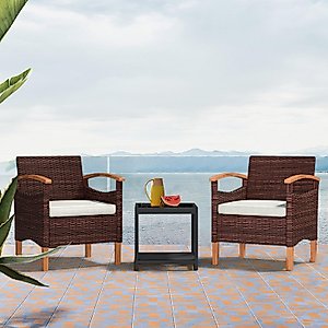 ARTBUSKE Outdoor Patio Furniture Set with Coffee Table 3 Piece Patio Conversation Sets Wicker Patio Set for 2 Outdoor Furniture Sets for Yard Backyard Lawn Porch Poolside Balcony, Brown