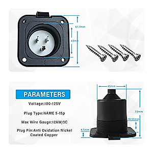 SUASLART 15 Amp 125 V Power Inlet Socket, NEMA 5-15 RV Shore Power Inlet Plug,Flanged Inlet with Waterproof Cover, 2 Pole 3-Wire AC Port Plug,Generator Male Receptacle