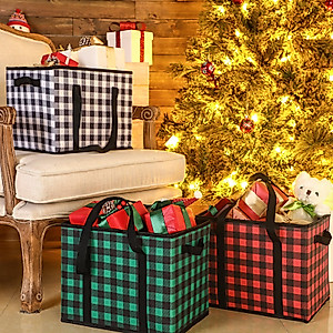Windyun 3 Pcs Christmas Collapsible Reusable Shopping Box Grocery Bag Set with Reinforced Bottom Large Plaid Holiday Xmas Tote Bags Design Storage Boxes Bins Cubes, 3 Styles