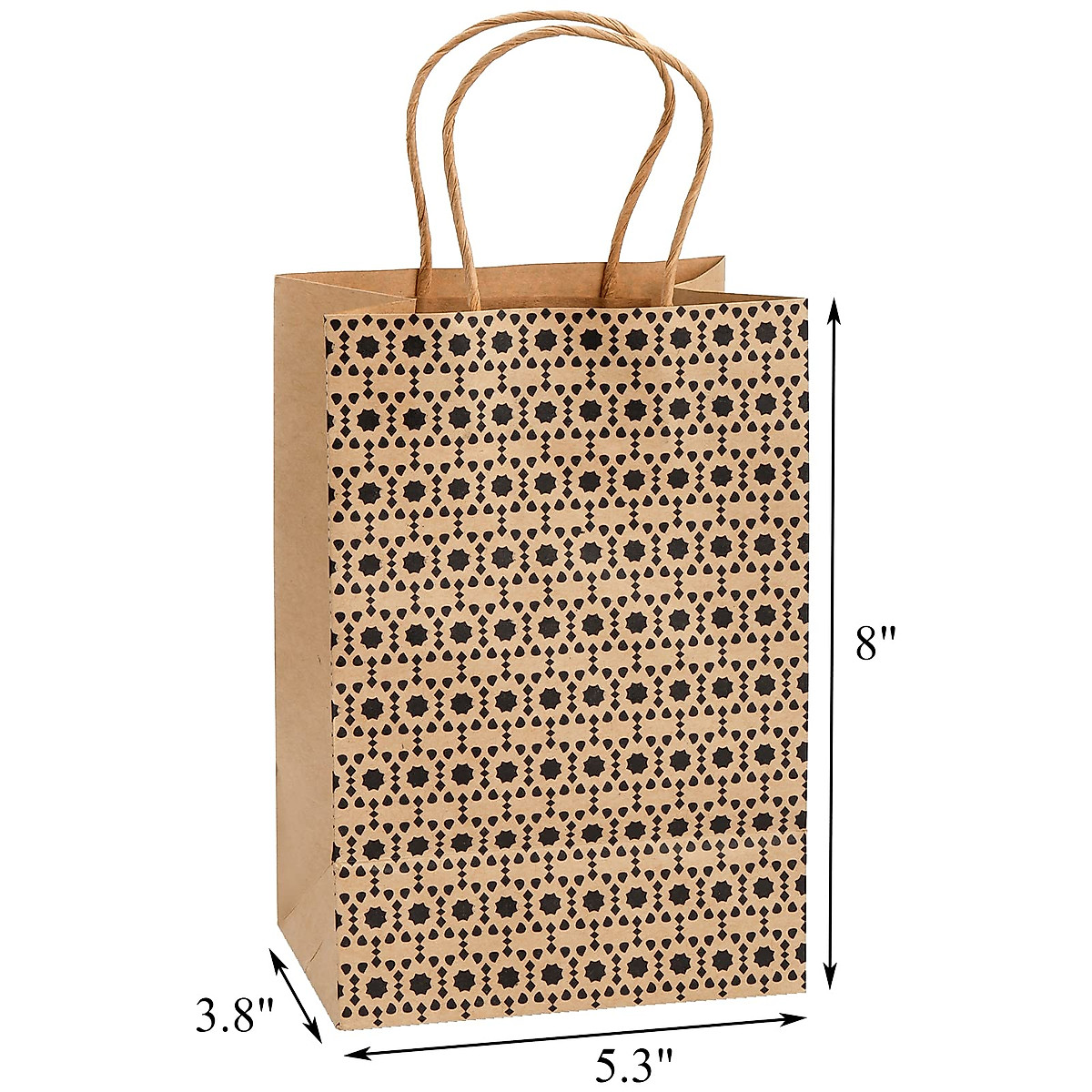 Elsjoy 100 Pack Kraft Paper Bags with Handles, 5.3x3.8x8 Brown Small Gift Wrap Bags Geometric Kraft Shopping Bags Merchandise Bags for Packaging, Party Favor, Retail Stores, 4 Styles