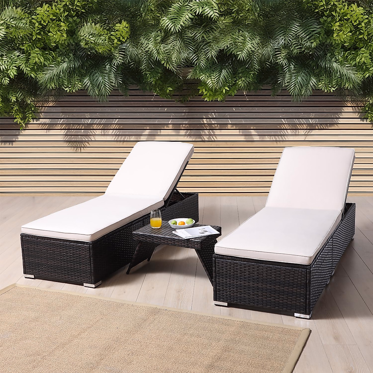 Asifom Set of 2 Chairs and Table, Outdoor Patio Lawn Garden Lounge Chairs, PE Wicker Chaise Lounges, Outside Pool Lounger Wicker Bed + Coffee Table, Adjustable Backrest Rattan Recliners with Cushions