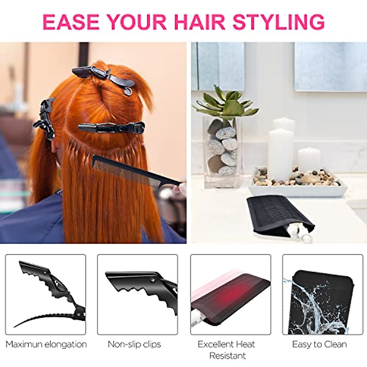 ARRITZ 2Pcs Heat Gloves for Hair Styling, Professional Curling Iron Gloves with Heat Resistant Silicone Mat Pouch, 6pcs Hair Clips, 2pcs Combs