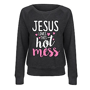 Instant Message - Jesus Loves This Hot Mess-Ladies Lightweight French Terry Pullover - Size Large Heather Charcoal