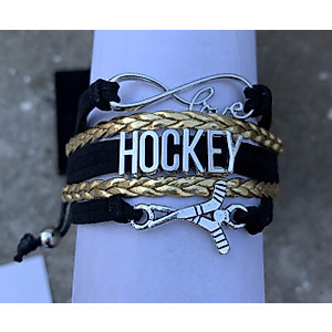 Sportybella Hockey Stick Charm Bracelet (Black/Gold) - Adjustable Bracelet for Women, Teens and Girls
