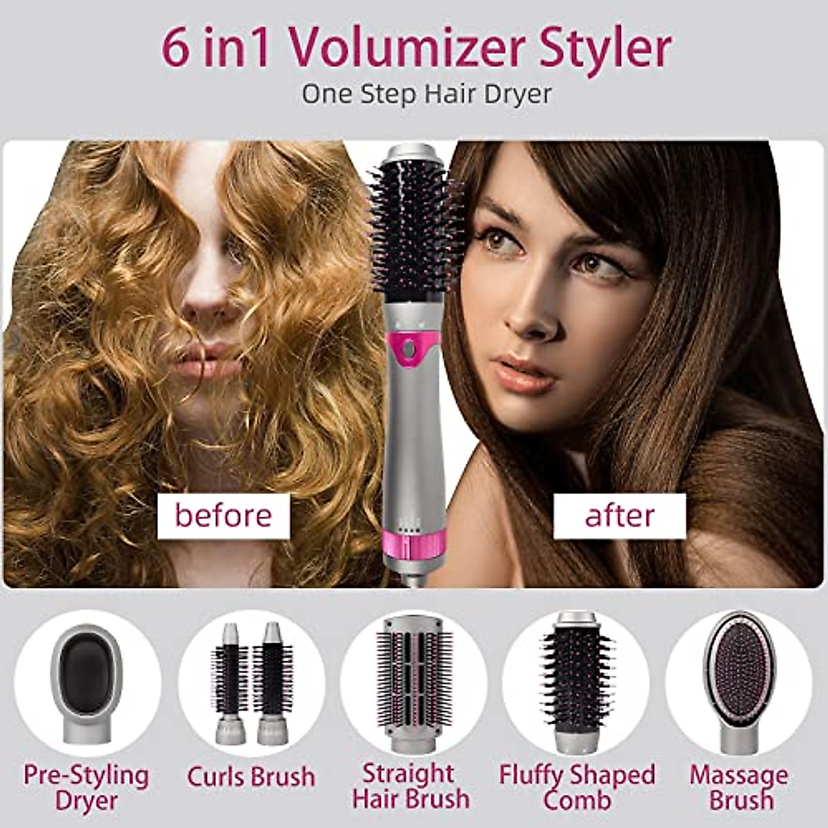 6 in 1 Hair Dryer Brush, Blow Dryer Styler with Negative Ionic Electric Hot Air, Detachable Hair Straightener & Curly Comb, Gifts for Women & Girlfriends, Gray and Pink