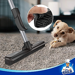 MR.SIGA Pet Hair Removal Rubber Broom with Built in Squeegee, 2 in 1 Floor Brush for Carpet, 62 inch Adjustable Handle, Includes One Microfiber Cloth for Floor Dusting