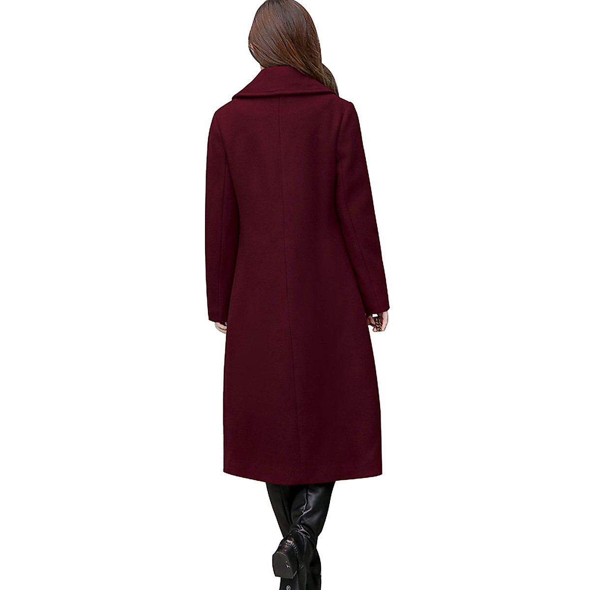 chouyatou Women's Big Notch Lapel Single Breasted Mid-Long Wool Blend Coat (Large, Wine Red)